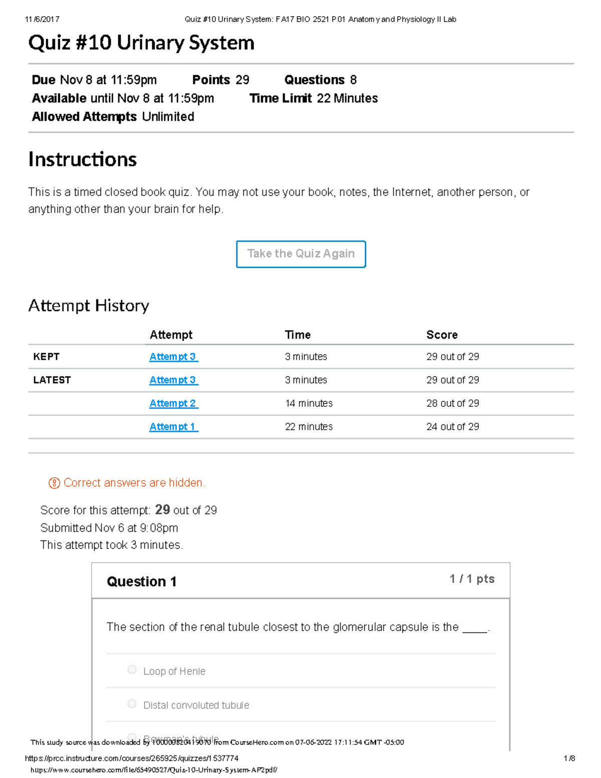 Quiz 10 Urinary System A P2 - prcc.instructure/courses/265925/quizzes ...