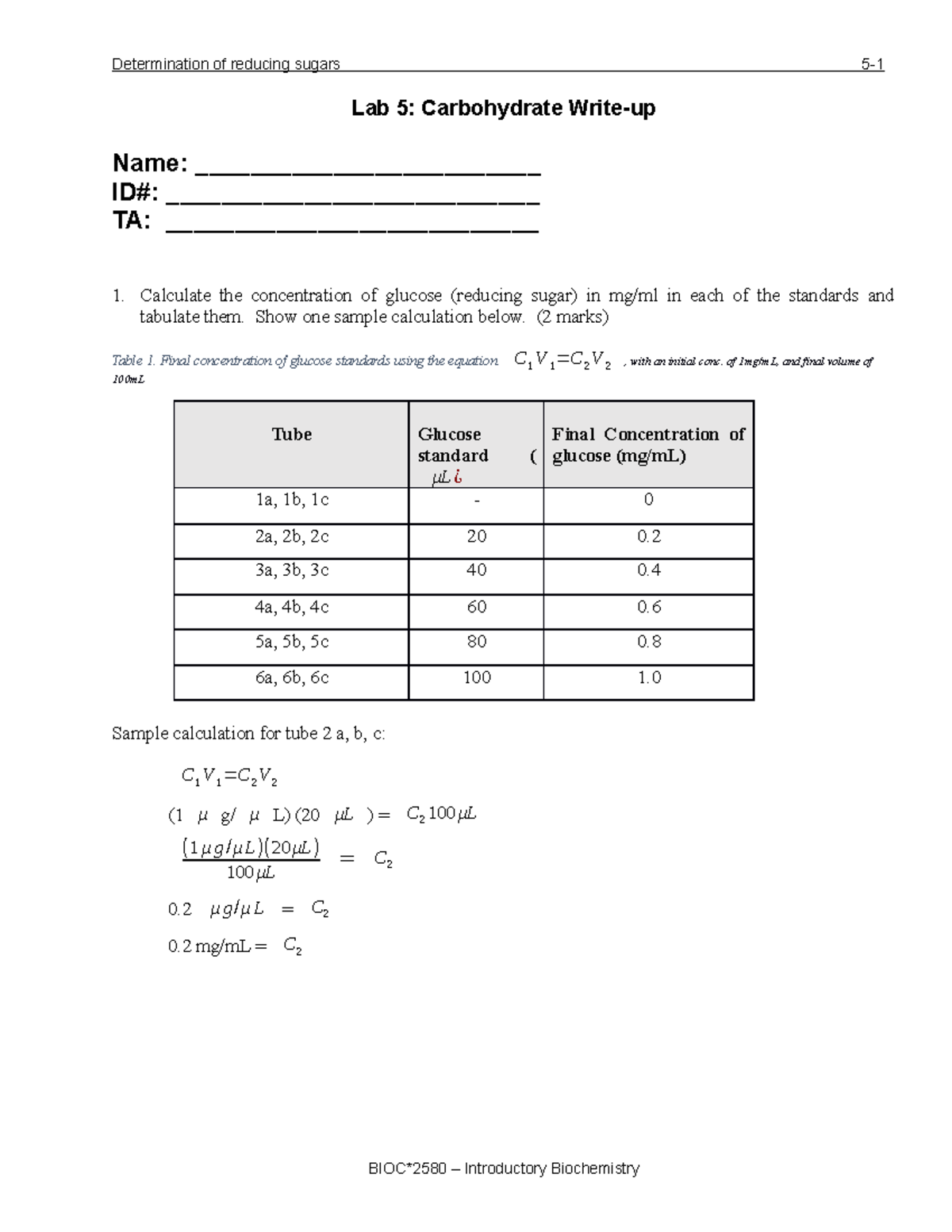 BIOC 2580 Lab 5 - Carbohydrate write up - Determination of reducing ...