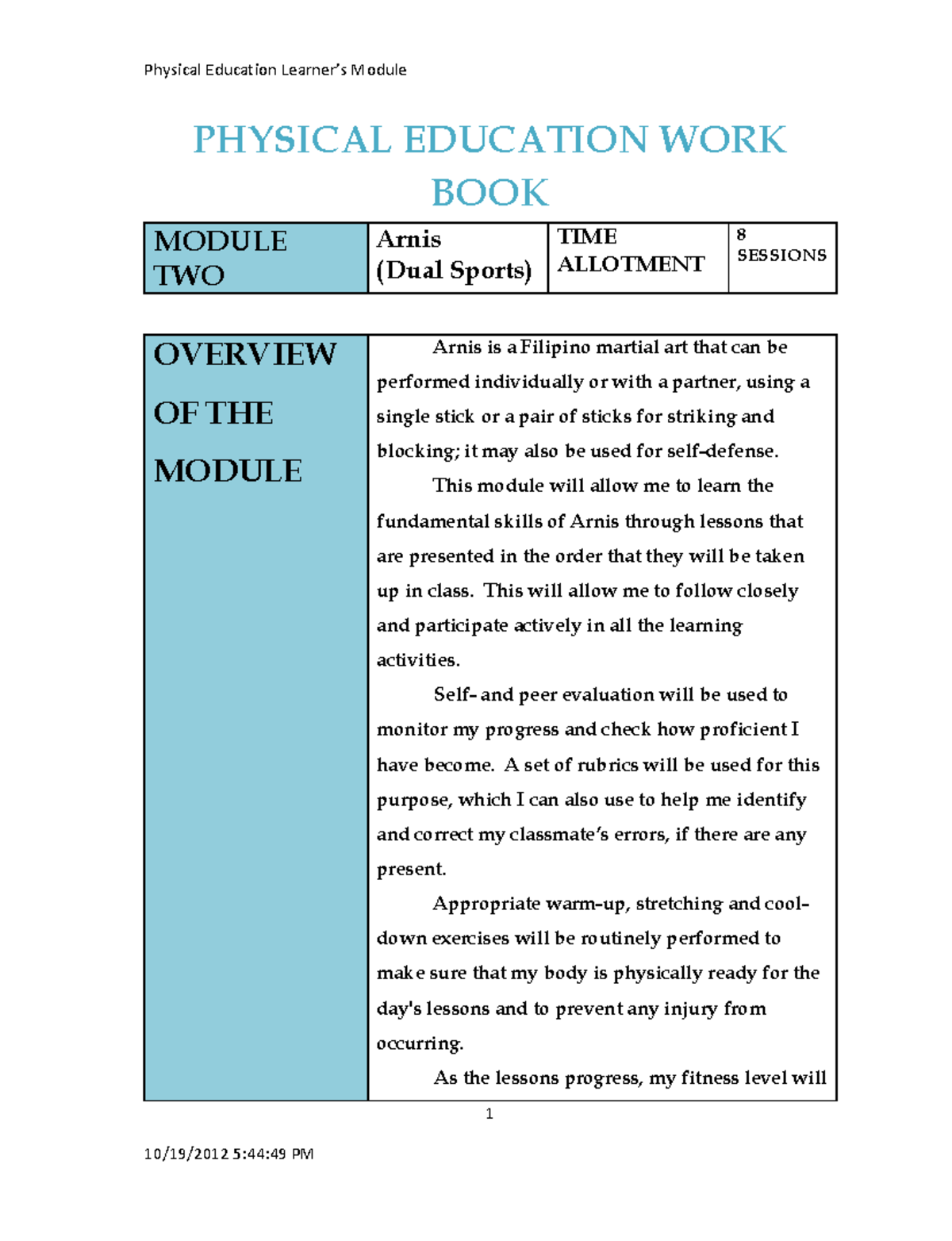 PE 3 and 4 - 1 PHYSICAL EDUCATION WORK BOOK MODULE TWO Arnis (Dual ...