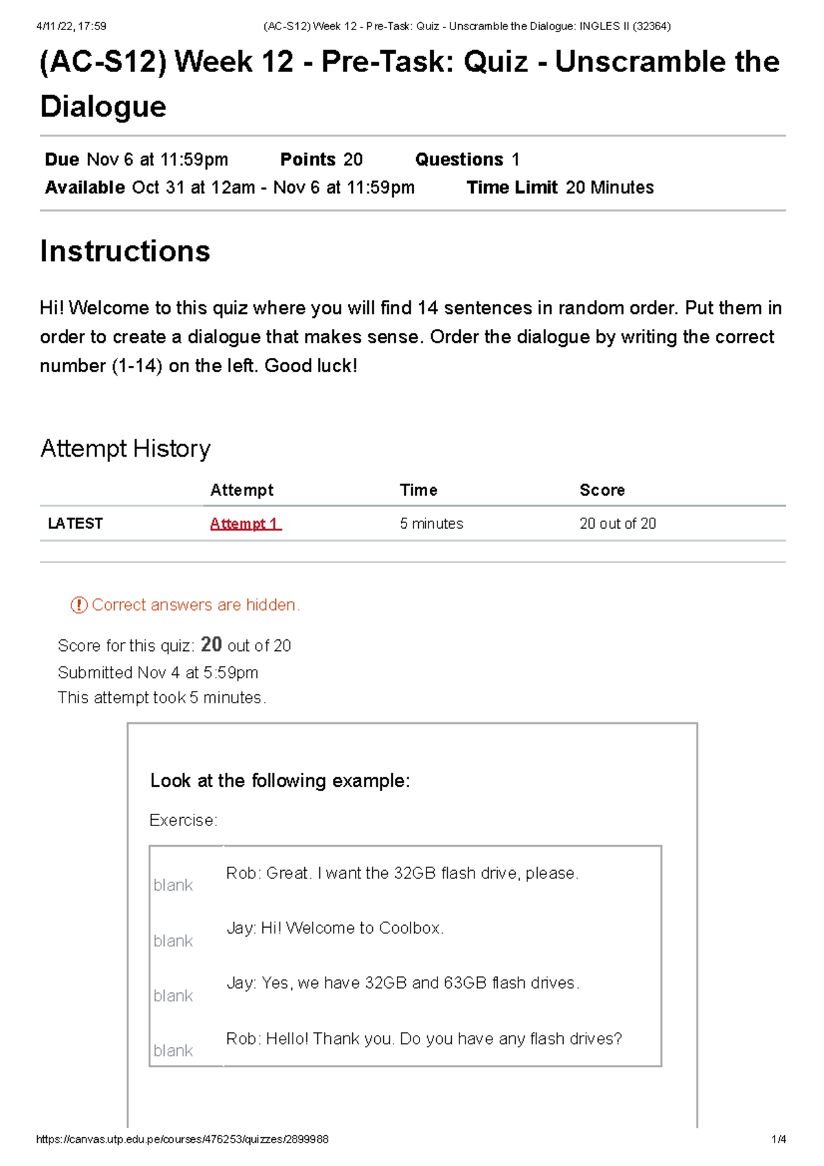 (AC-S12) Week 12 - Pre-Task Quiz - Unscramble the Dialogue Ingles II ...