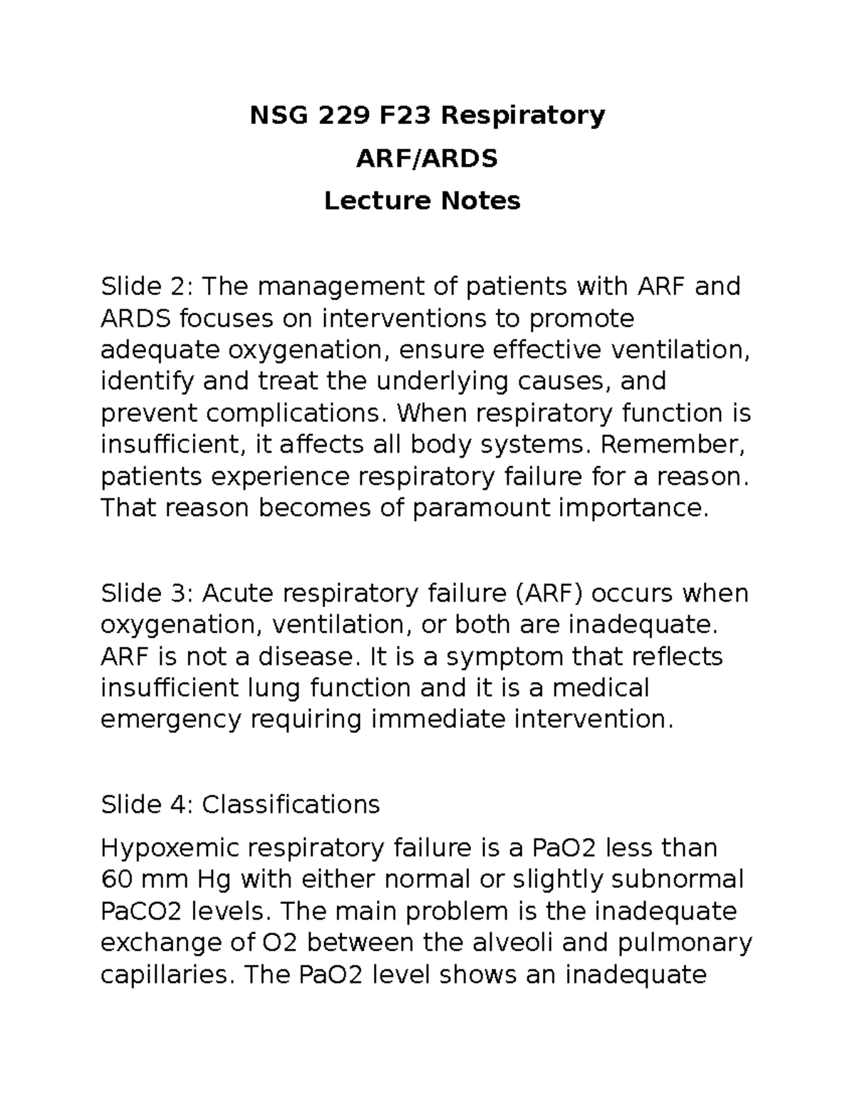 NSG 229 F23 Respiratory ARF Lecture Notes - NSG 229 F23 Respiratory ARF ...
