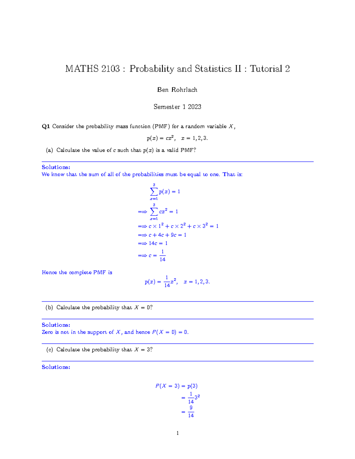 Tutorial 2 Solutions - MATHS 2103 : Probability and Statistics II ...