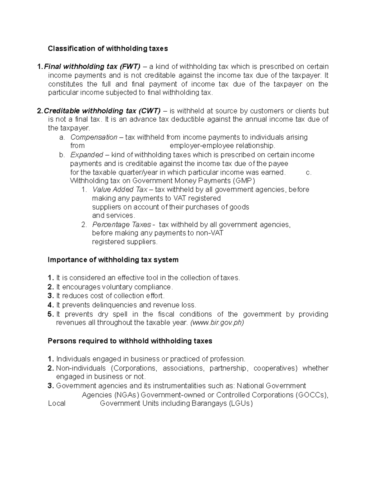 Income Taxation- Lecture Notes-10 - Classification of withholding taxes ...