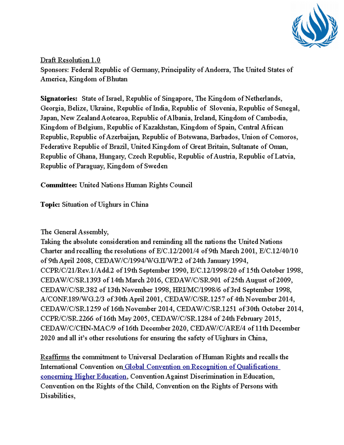 Draft Resolution 1 - personal - Draft Resolution 1. Sponsors: Federal ...