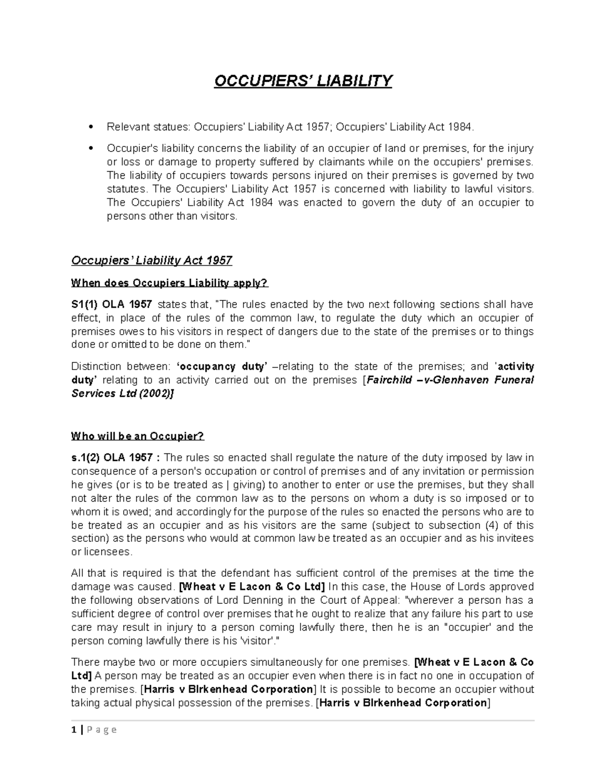 Ola note - It's a notes of occupiers liability - OCCUPIERS’ LIABILITY ...