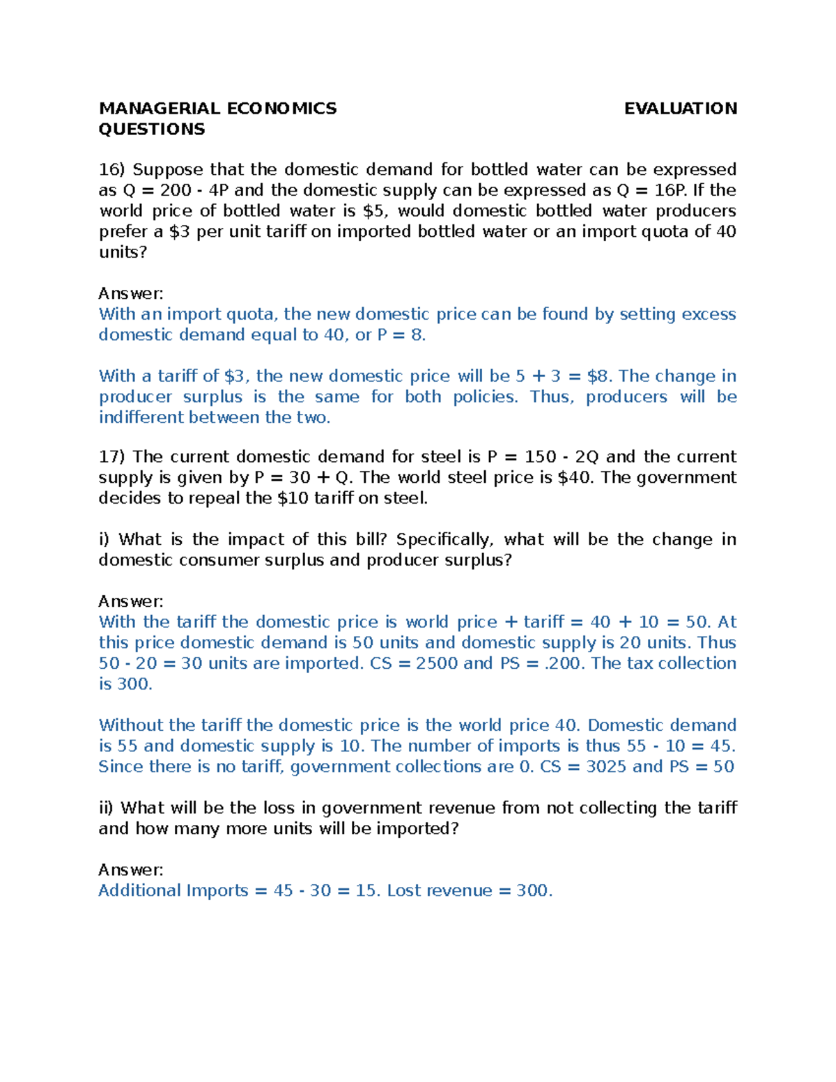 G6 16 17 man eco - answer - MANAGERIAL ECONOMICS EVALUATION QUESTIONS ...