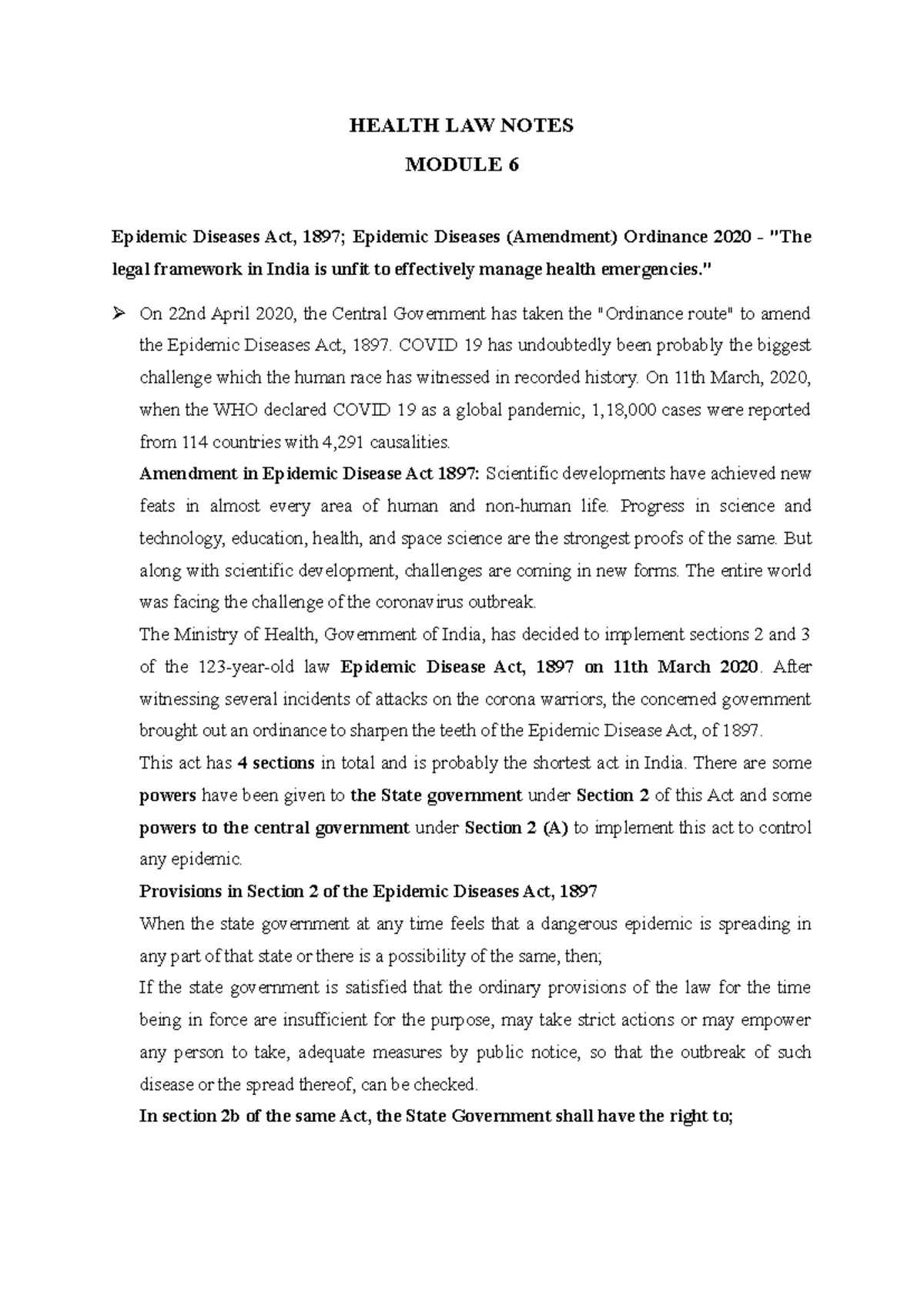 Health LAW Notes - HEALTH LAW NOTES MODULE 6 Epidemic Diseases Act ...