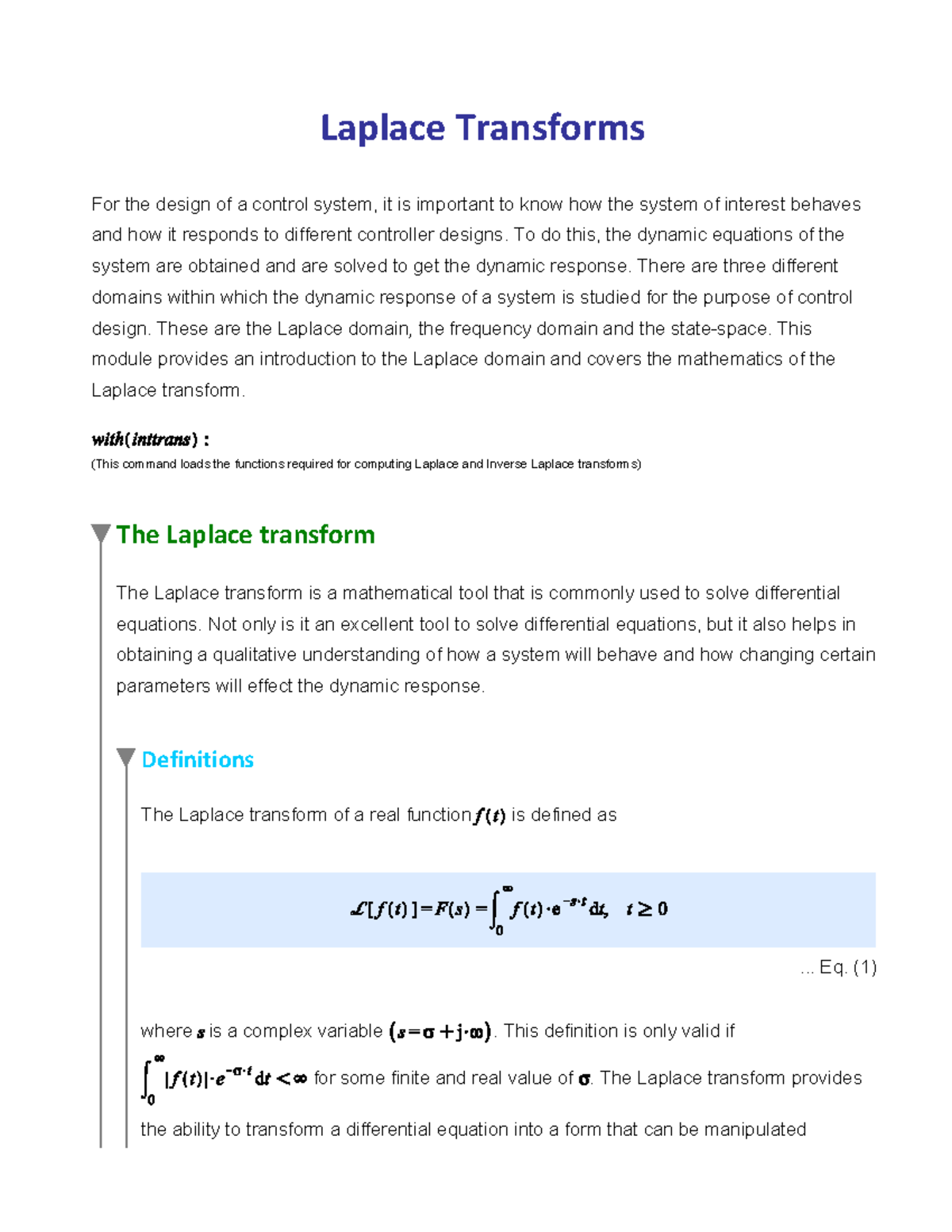 Lecture notes on Laplace Transforms - Laplace Transforms For the design ...