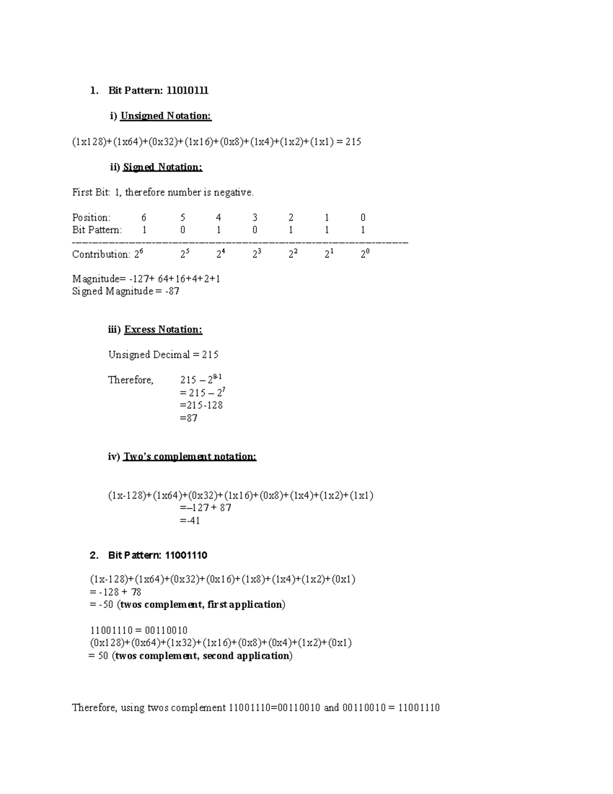 Computer basic math - Binary math questions. - Bit Pattern: i) Unsigned ...