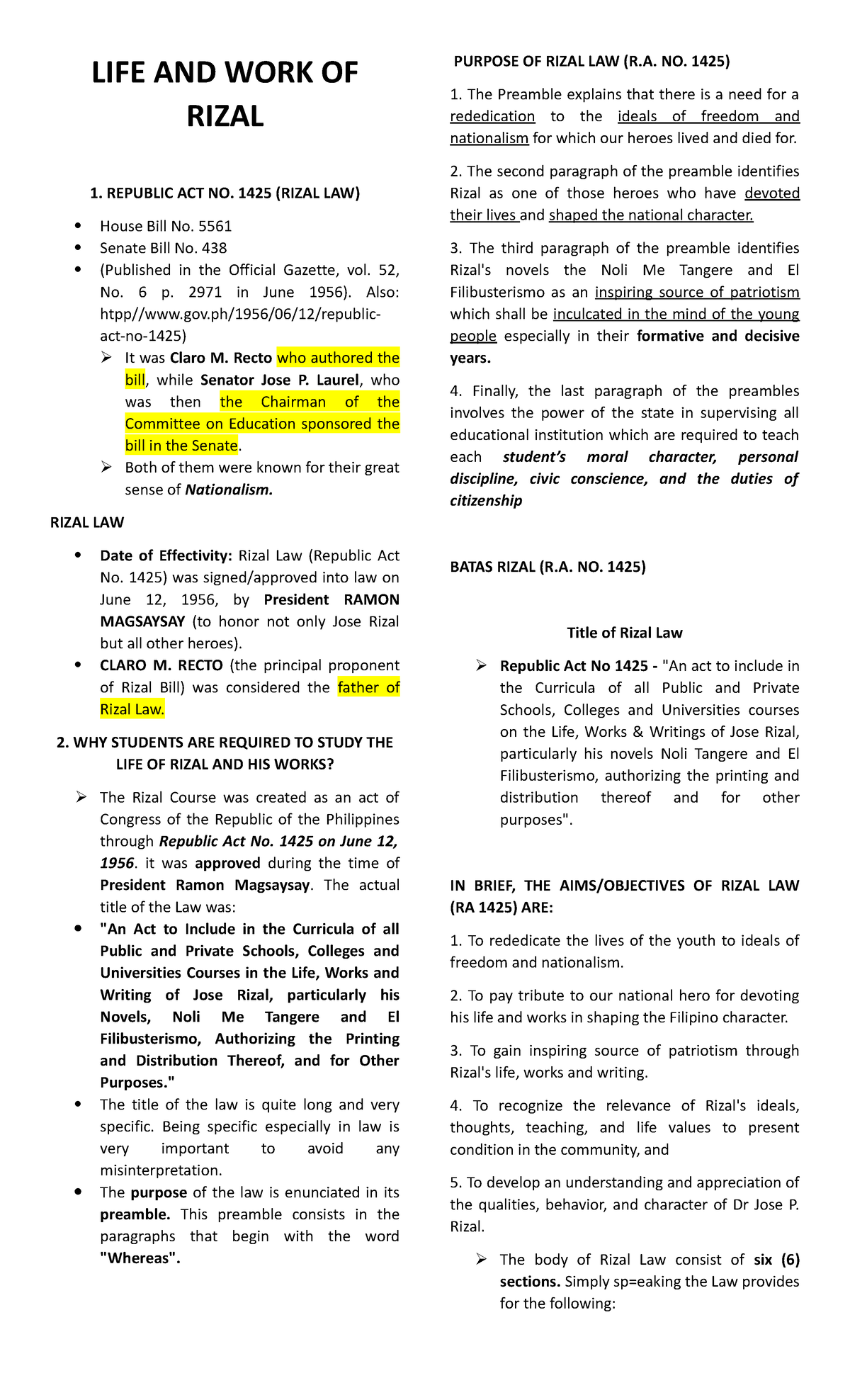 Life and Work of Rizal Lecture - LIFE AND WORK OF RIZAL 1. REPUBLIC ACT ...