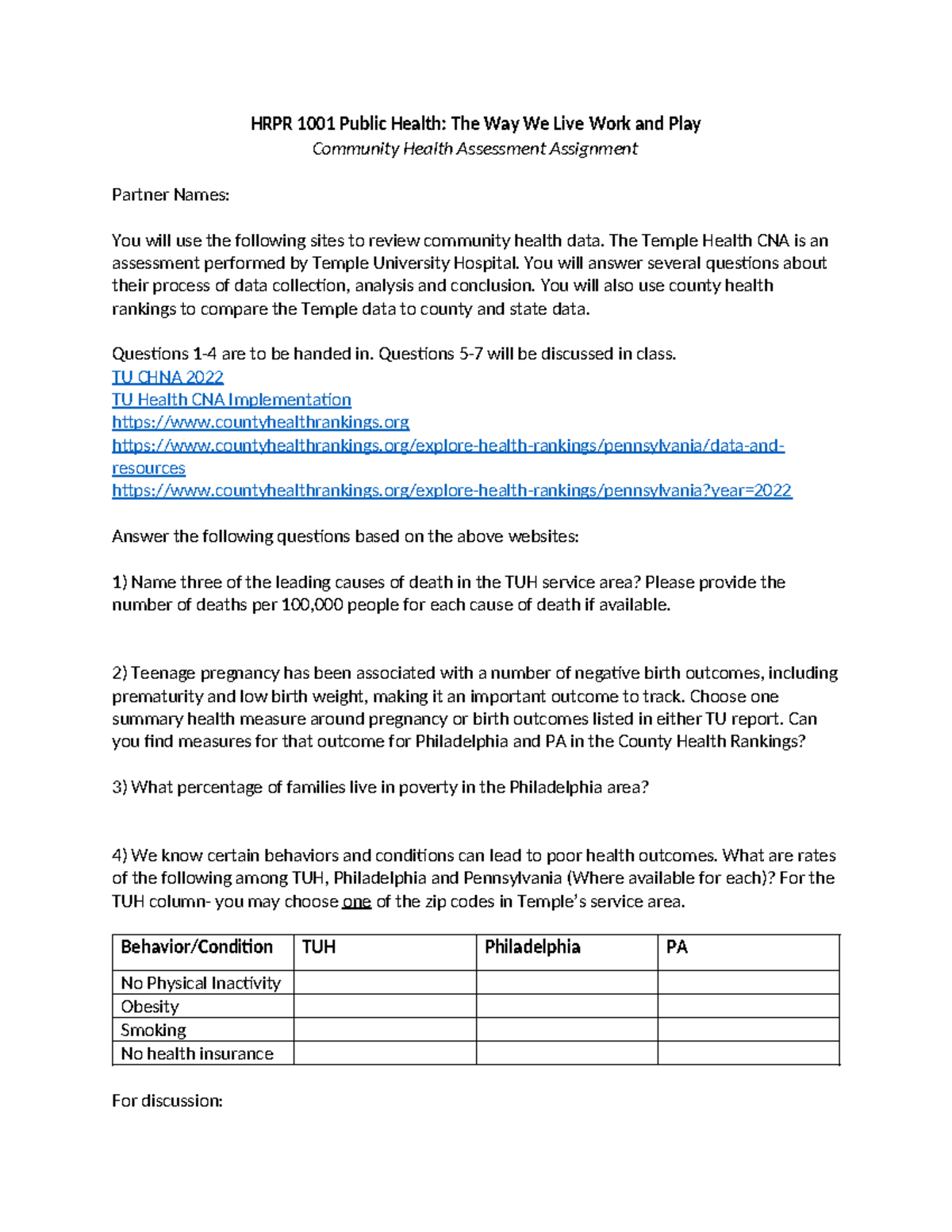 CHNA Worksheet Assignment - HRPR 1001 Public Health: The Way We Live ...