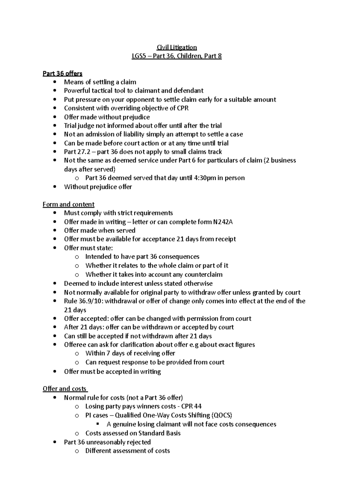 CPR Parts 36, 21, 8 - Civil Litigation LGS5 – Part 36, Children, Part 8 ...