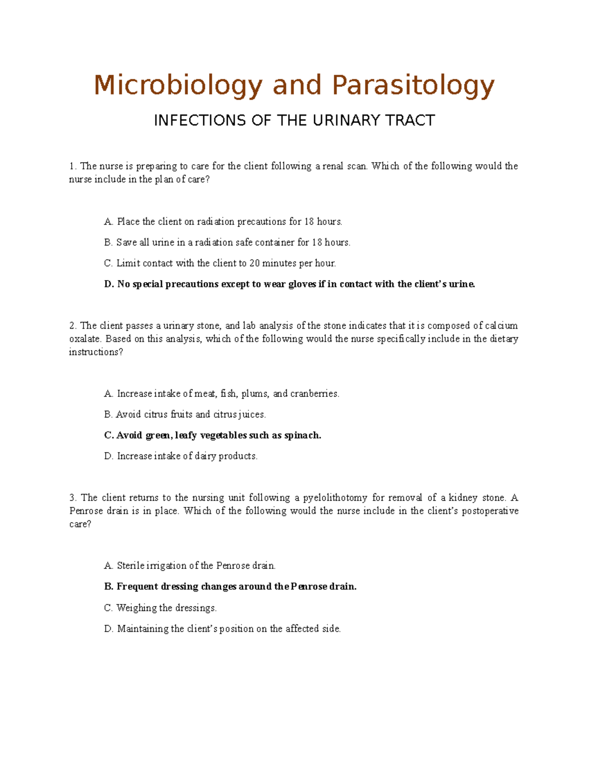 Urinary Tract 7 - test questions - Microbiology and Parasitology ...