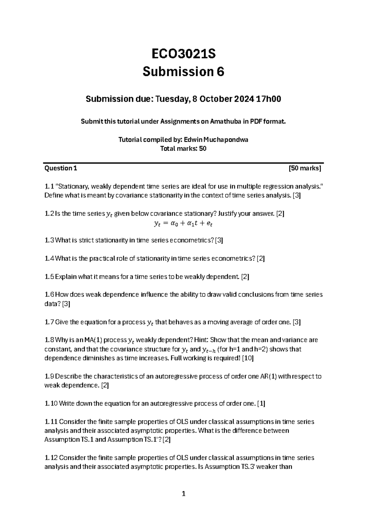 Submission 6 - WEEKS 10 TO WEEKS 11 - 1 ECO3021S Submission 6 ...