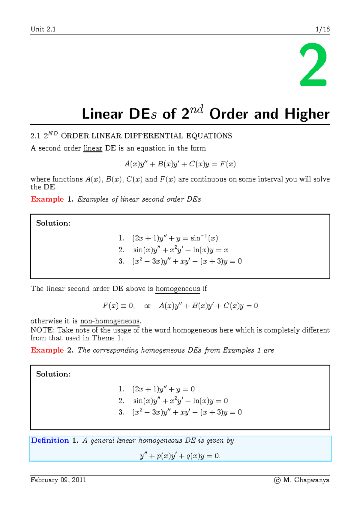 Chapwanya-theme 2 - DERIVATIVES - 2 Linear DEs of 2 nd Order and Higher ...