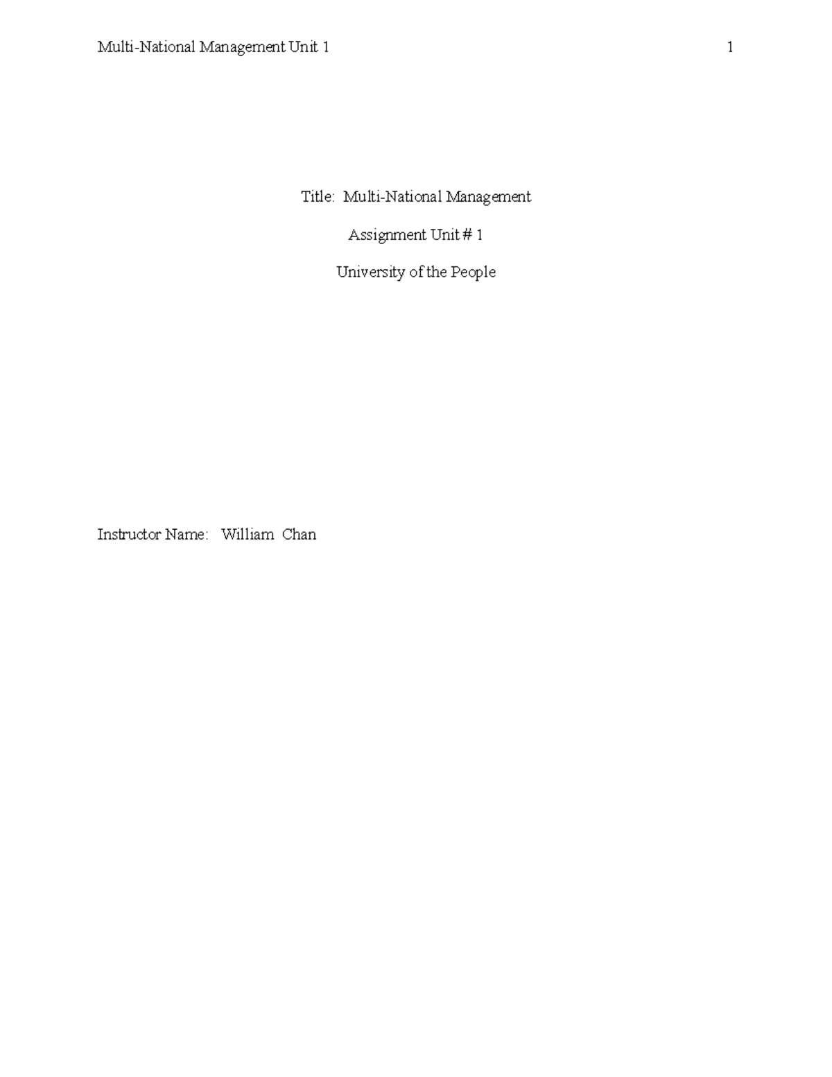 Unit 1 - Journal - Title: Multi-National Management Assignment Unit # 1 ...