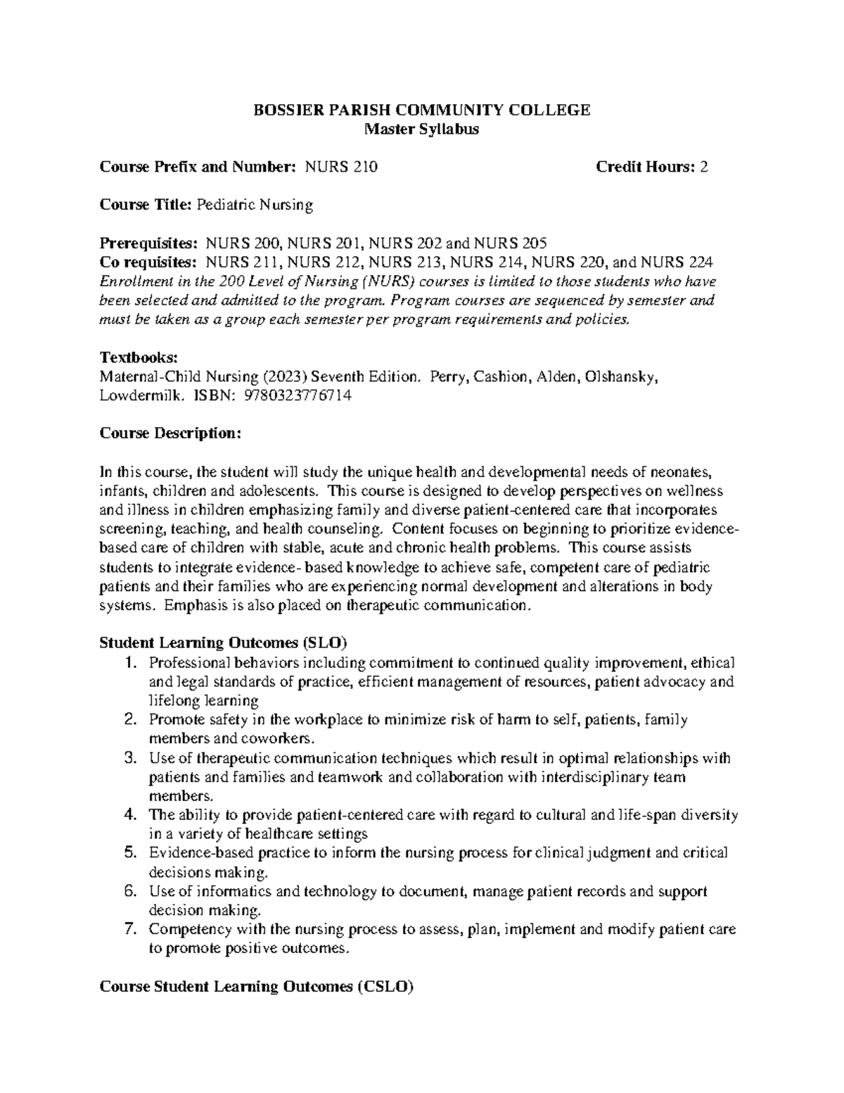 Master Syllabus - NURS 210 - BOSSIER PARISH COMMUNITY COLLEGE Master ...