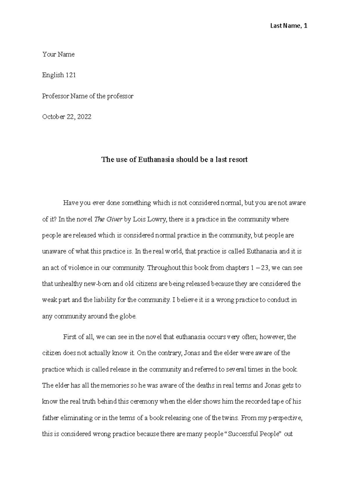 Essay 2 - Full summary of the novel The Giver. - Your Name English 121 ...