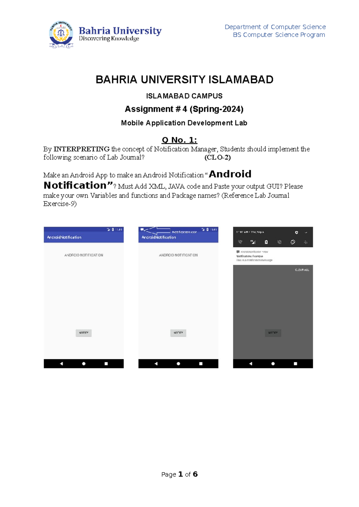 Lab4 - Department of Computer Science BS Computer Science Program BAHRIA UNIVERSITY ISLAMABAD ...