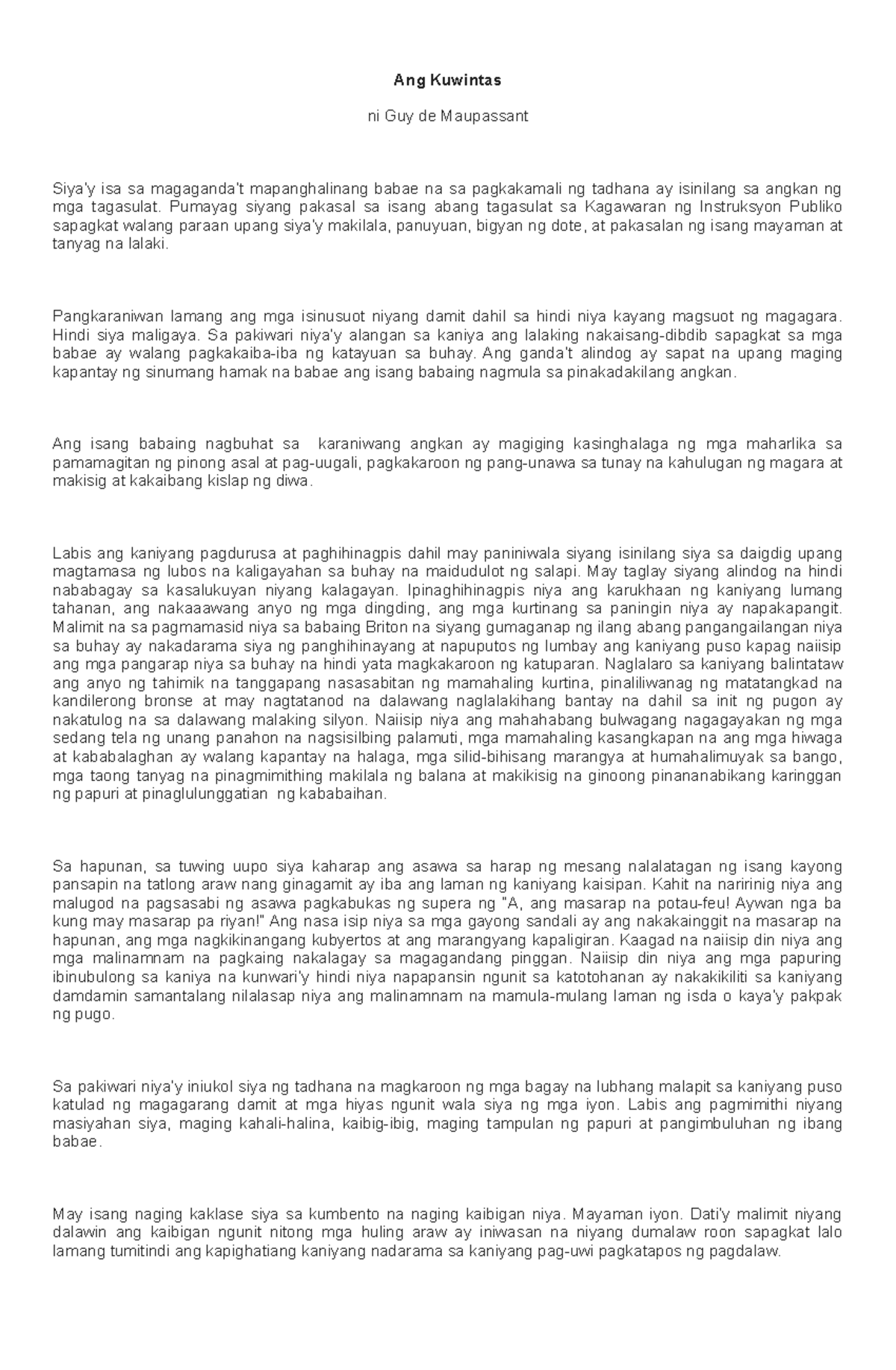 "Ang Kuwintas" ni Guy de Maupassant - Ang Kuwintas ni Guy de Maupassant ...