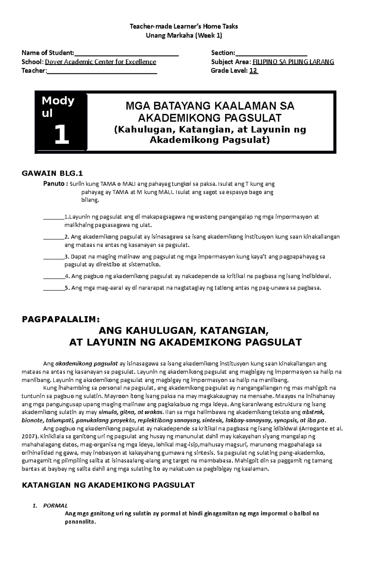 Filipino SA Piling Larang( Modyul 1) - ####### Teacher-made Learner’s Home Tasks ####### Unang ...