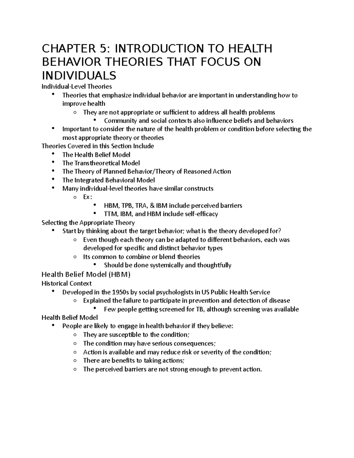 Ch 5 - lecture notes - CHAPTER 5: INTRODUCTION TO HEALTH BEHAVIOR ...