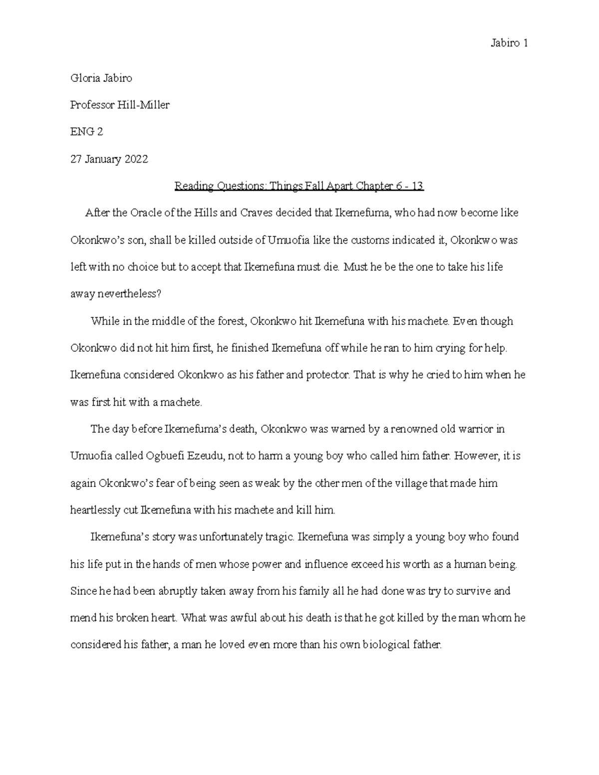 ENG 2 Things Fall Apart 2-2 - Jabiro 1 Gloria Jabiro Professor Hill ...