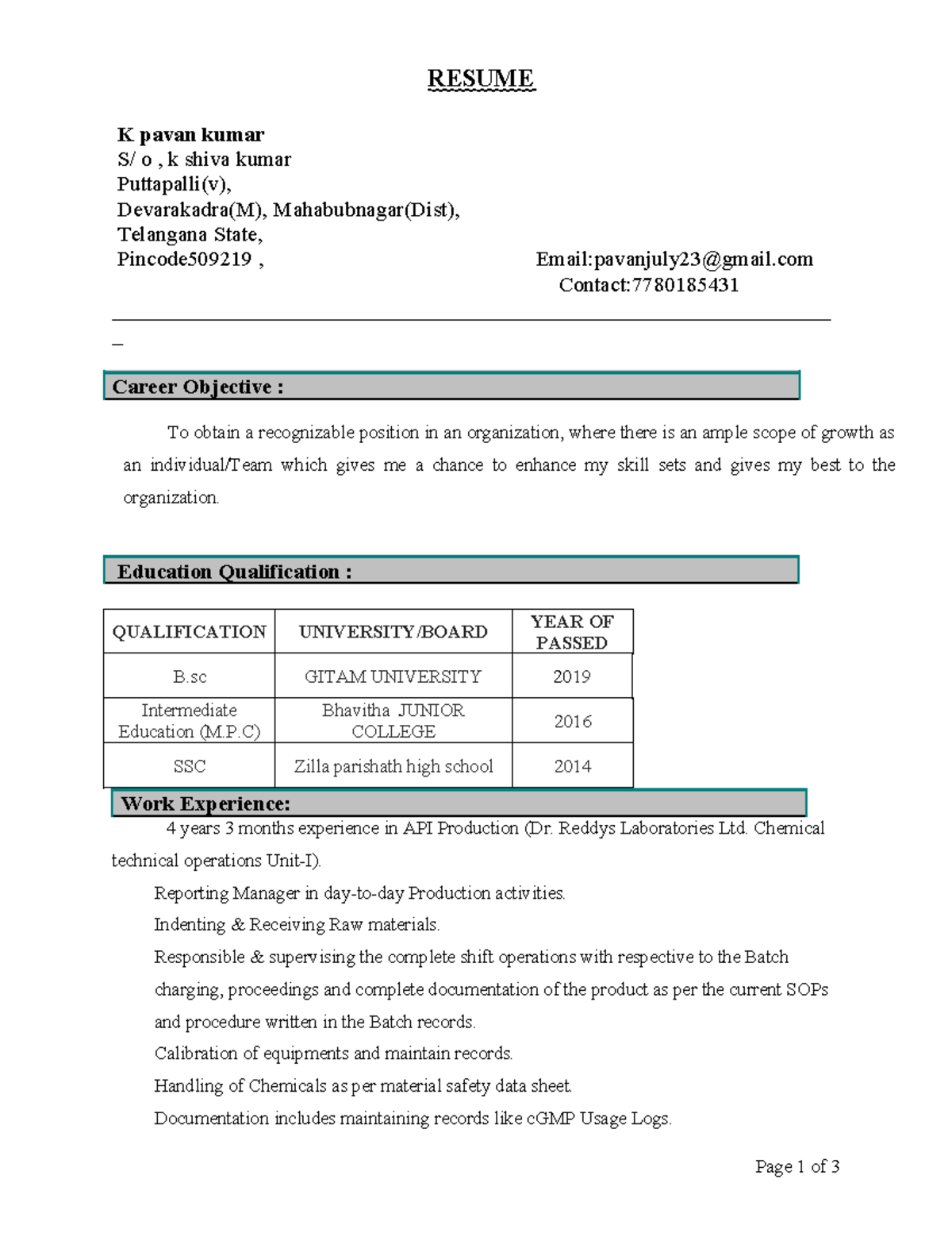 K pavan kumar fto - RESUME K pavan kumar S/ o , k shiva kumar ...