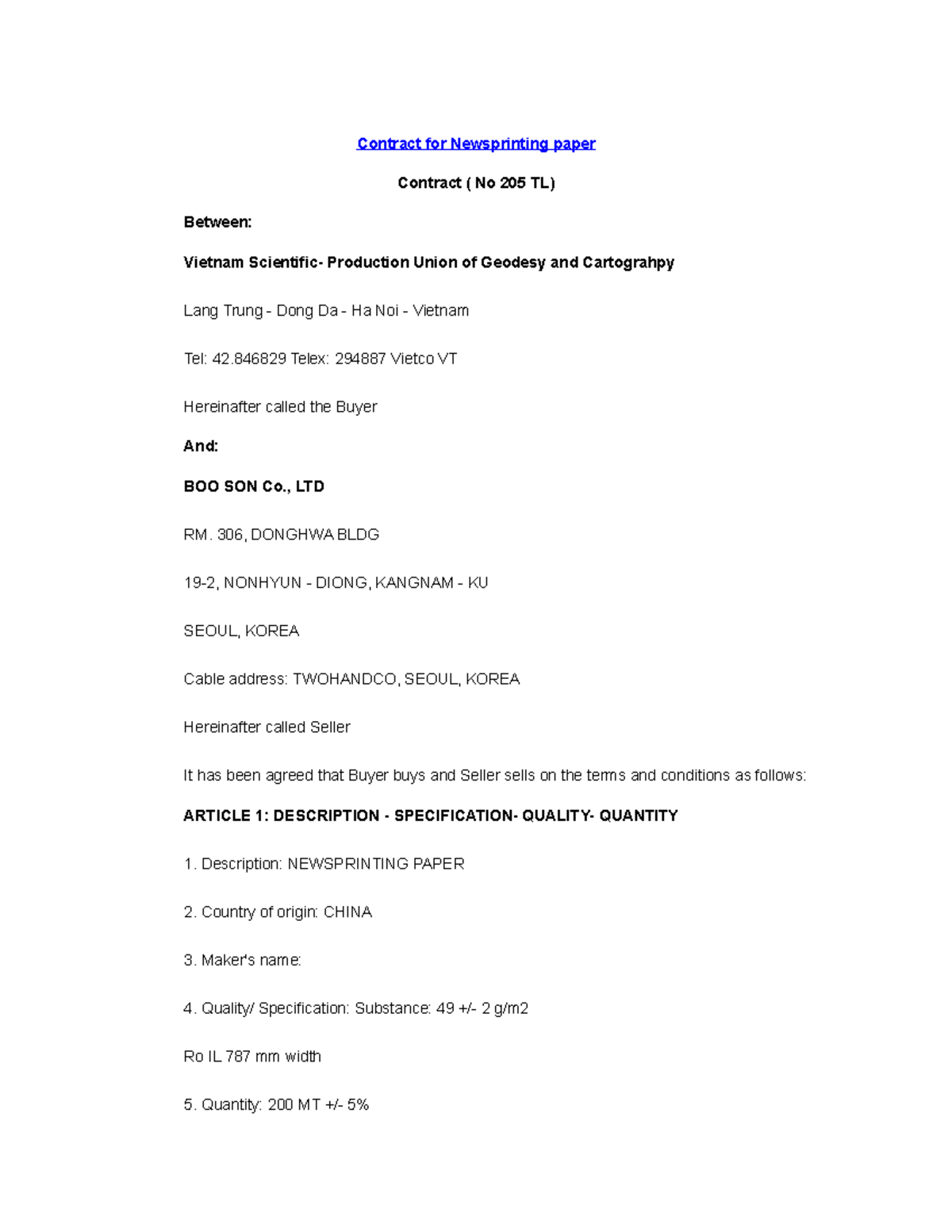 Sales Contract sample 10 - Contract for Newsprinting paper Contract ...