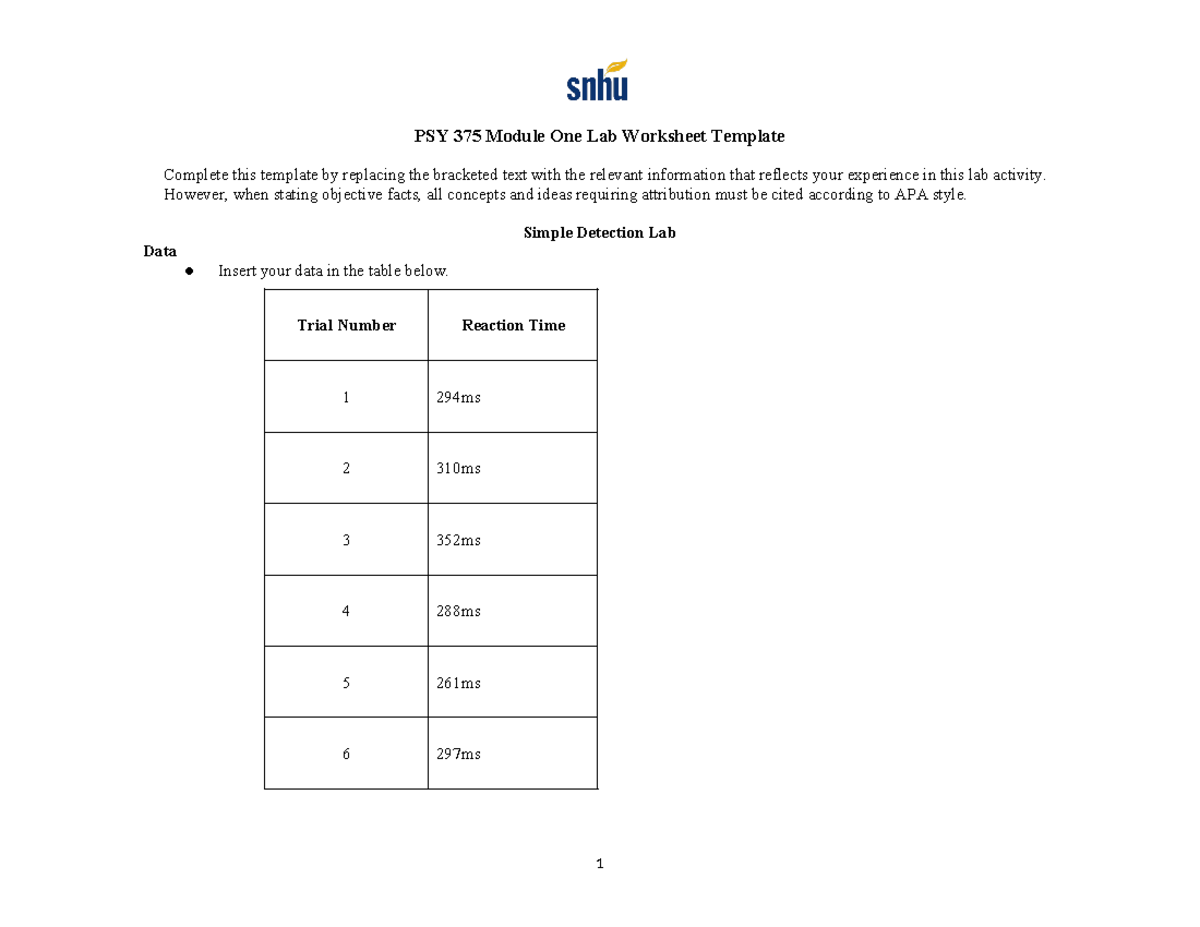PSY 375 Module One Lab Worksheet - However, when stating objective ...