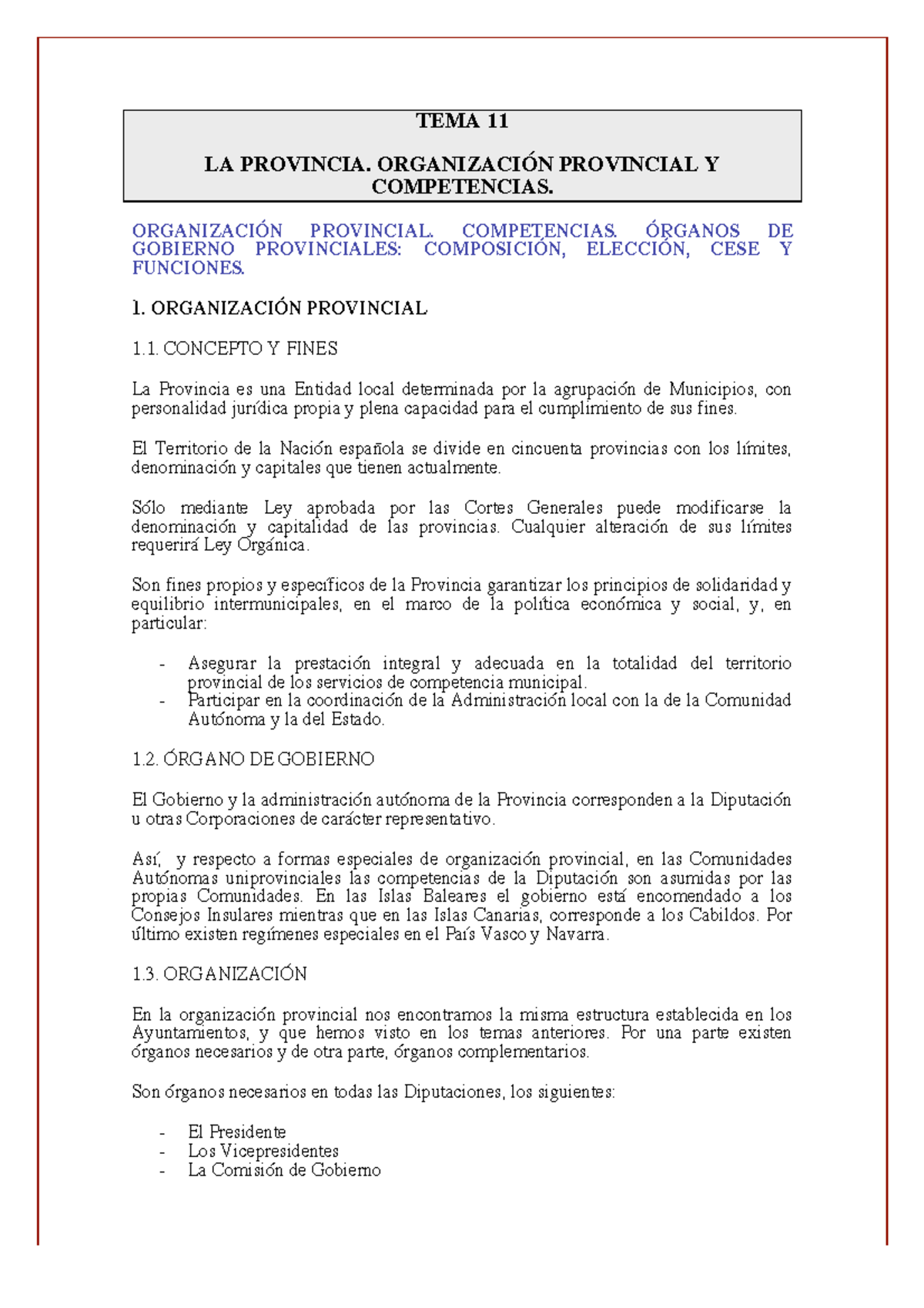 La provincia - TEMA 11 LA PROVINCIA. ORGANIZACIÓN PROVINCIAL Y ...
