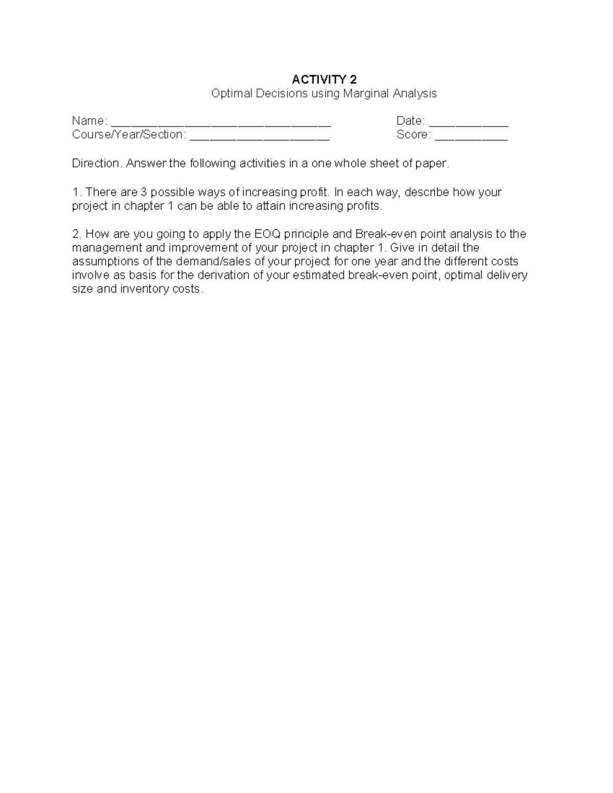 Activity 2 Man Econ - ACTIVITY 2 Optimal Decisions using Marginal ...