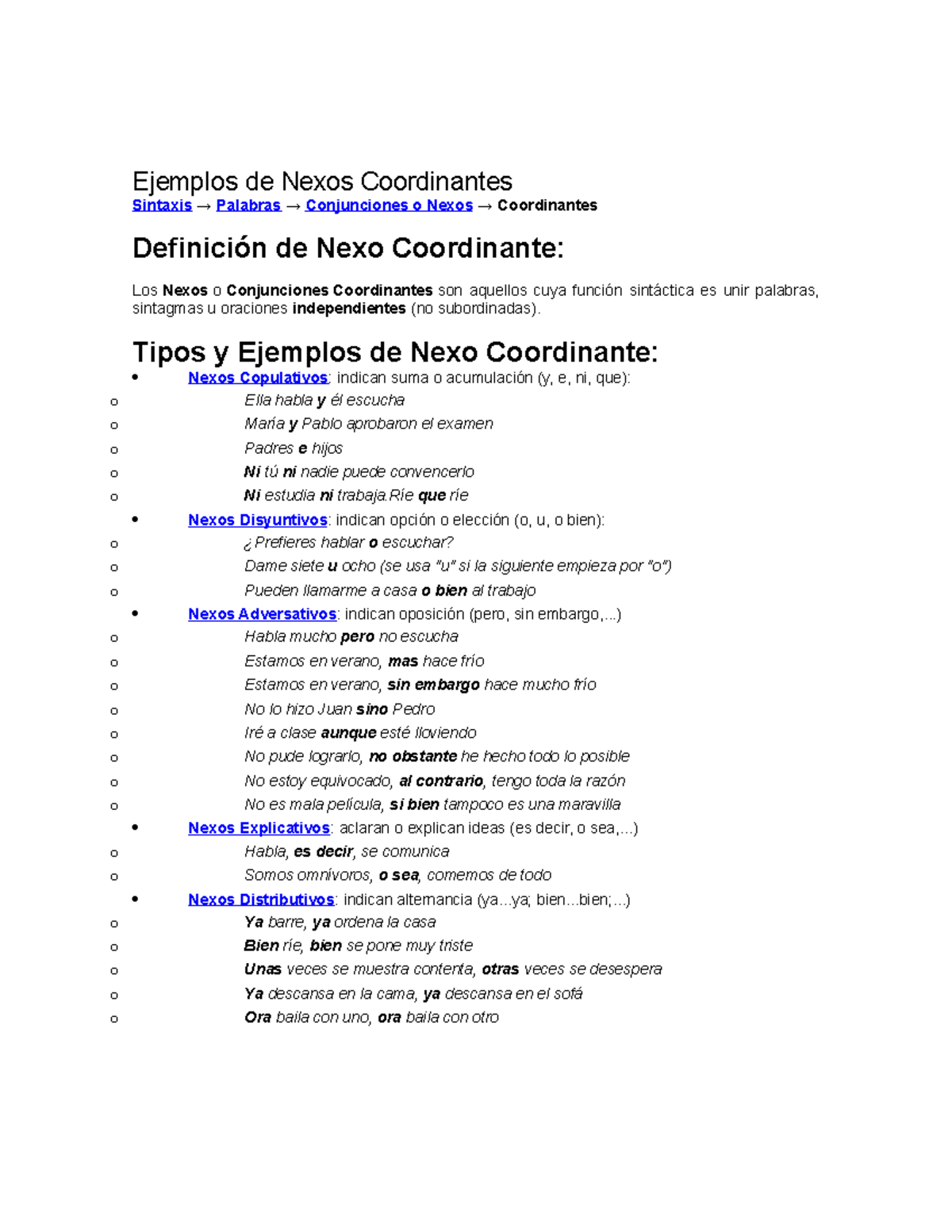 Ejemplos de Nexos Coordinantes - Ejemplos de Nexos Coordinantes ...