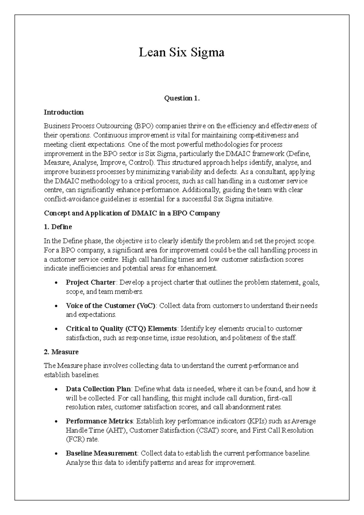 2. Lean Six Sigma - Lean Six Sigma Question 1. Introduction Business ...