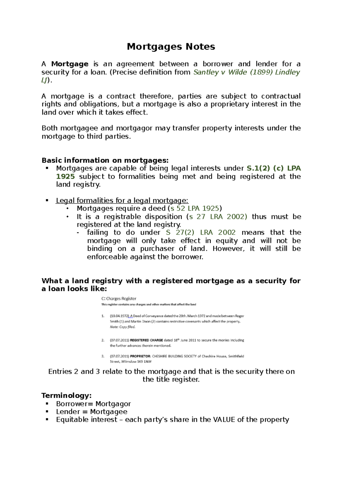 Mortgages Notes - mjn - Mortgages Notes A Mortgage is an agreement ...