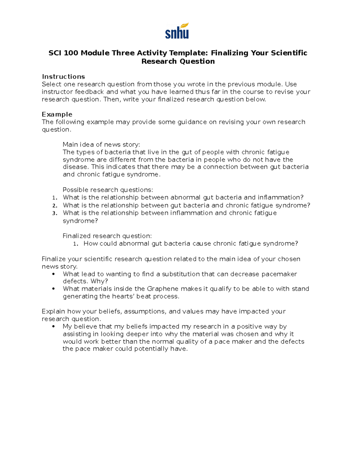 SCI 100 Module Three Activity Template - Use instructor feedback and what you have learned thus ...