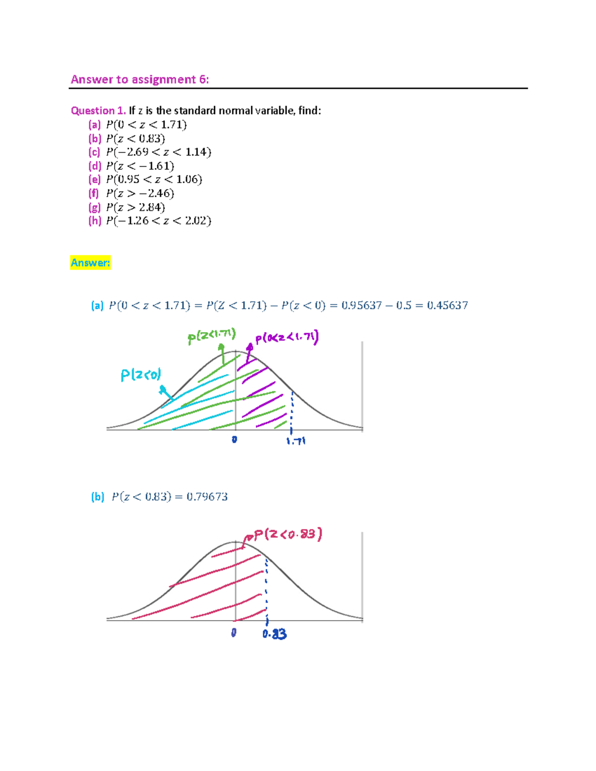 Assignment 6-Answer - Solution - Answer to assignment 6: Question 1. If z is the standard normal ...
