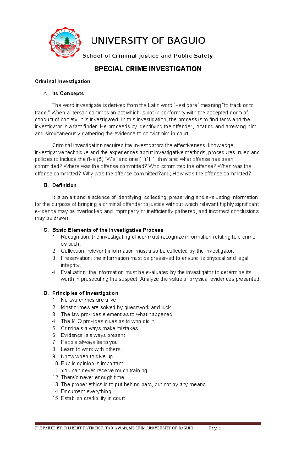 Special Crime Investigation 1 - UNIVERSITY OF BAGUIO School of Criminal ...