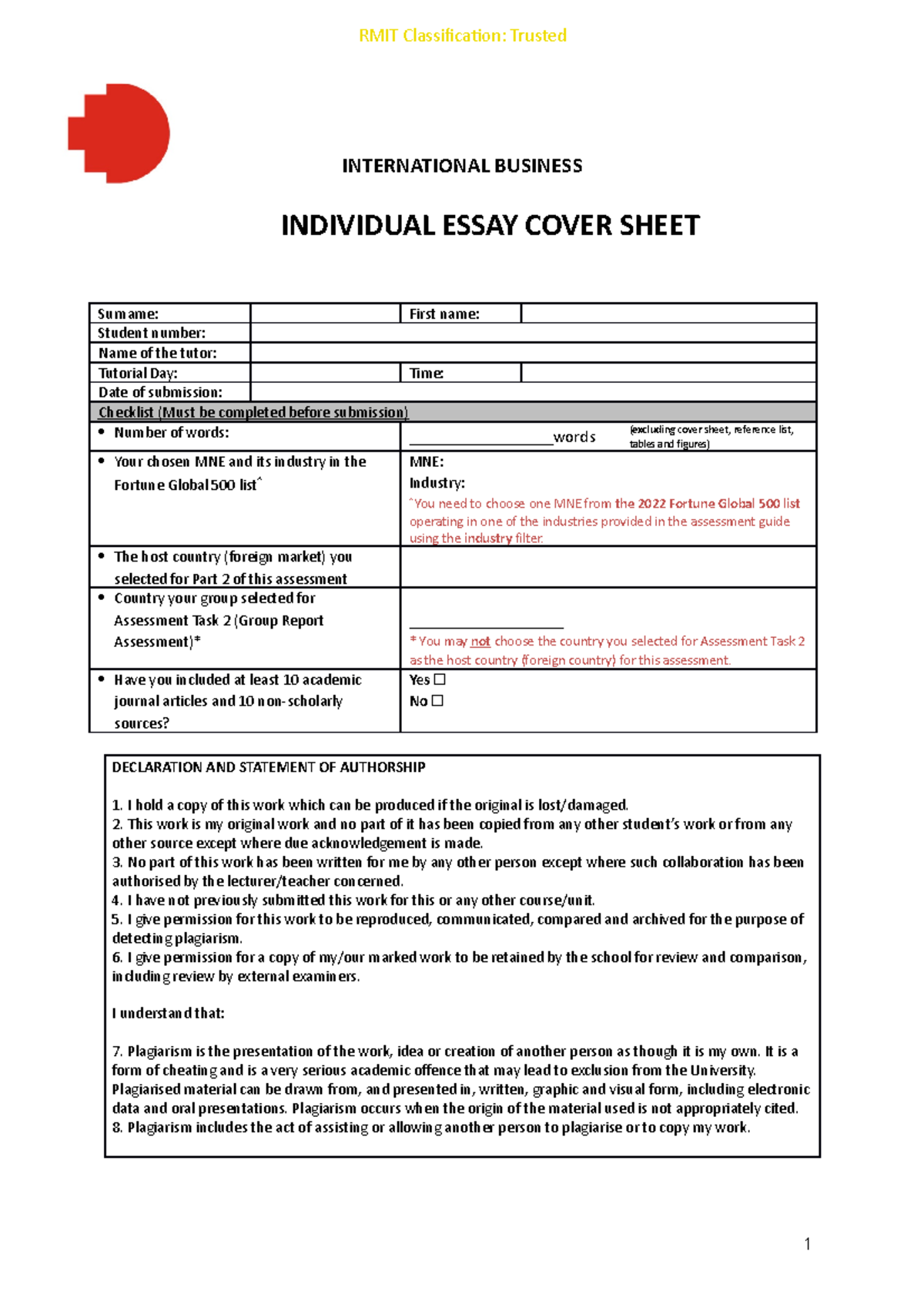 BUSM1222-Individual Essay Cover Sheet-2 - INTERNATIONAL BUSINESS ...