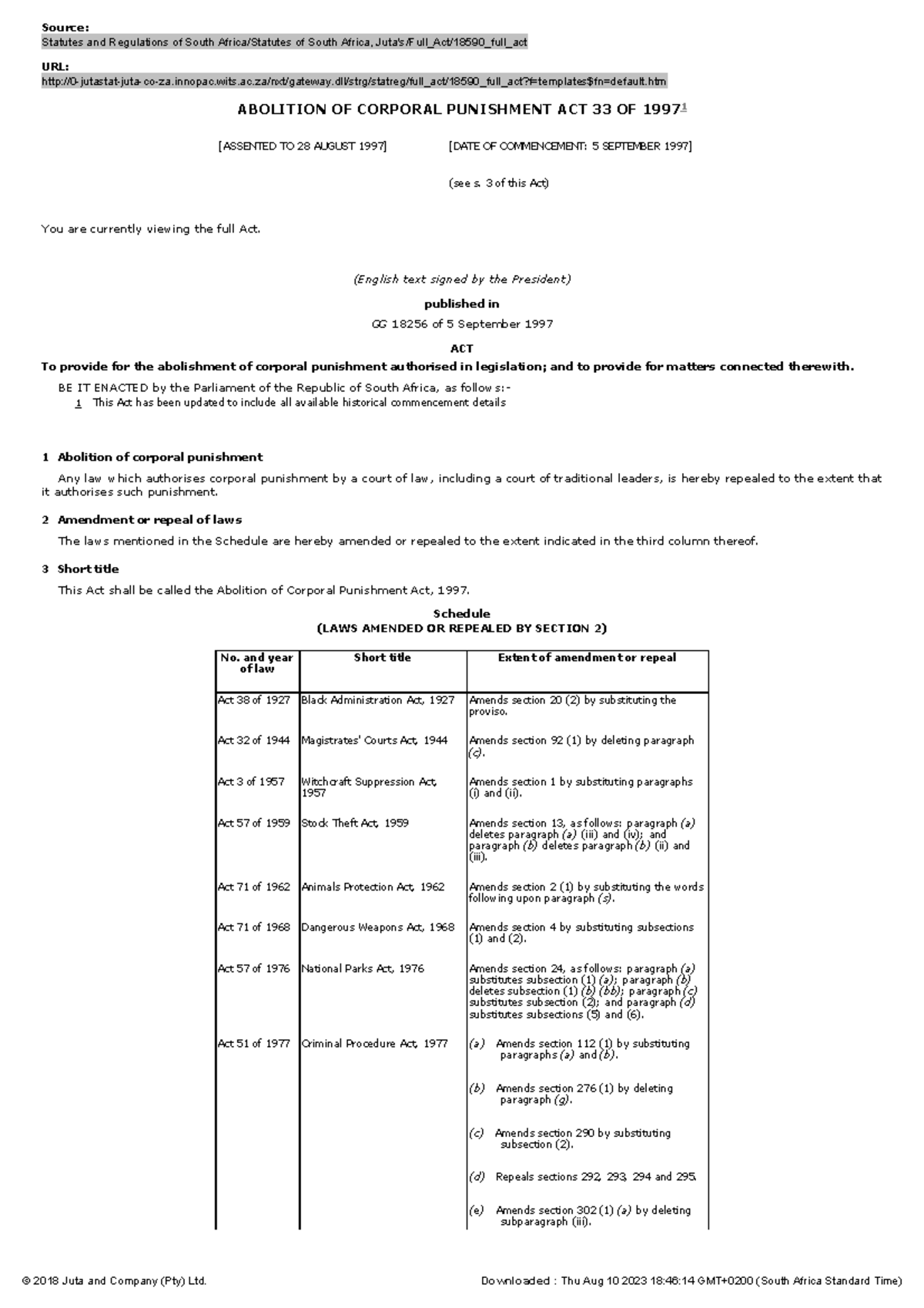 Abolition OF Corporal Punishment ACT 33 OF 1997 - Source: Statutes and ...