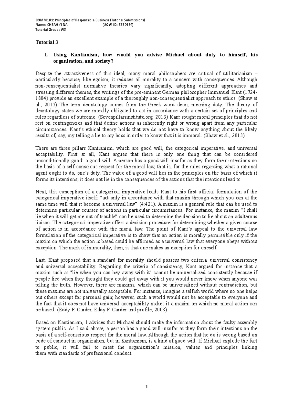 Tutorial (COMM101) - COMM101: Principles of Responsible Business ...