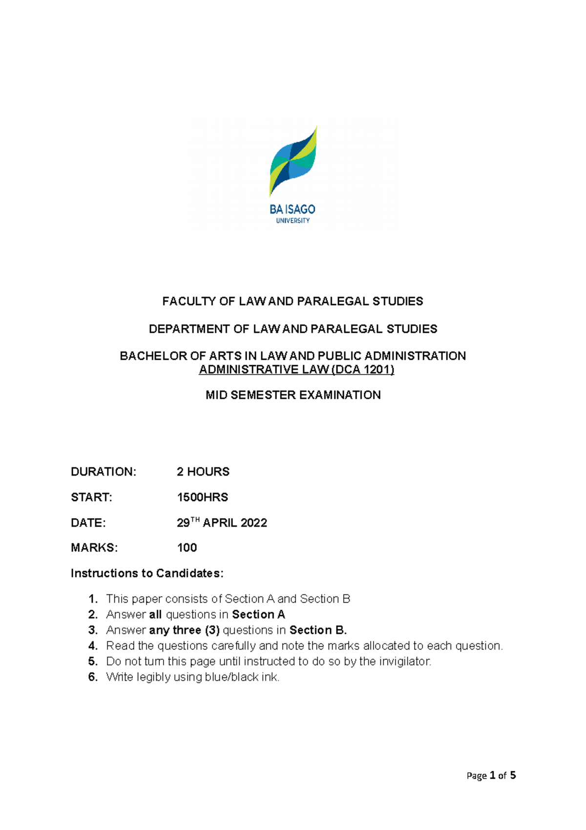 Administrative law-Mock Exam paper 2 - FACULTY OF LAW AND PARALEGAL ...