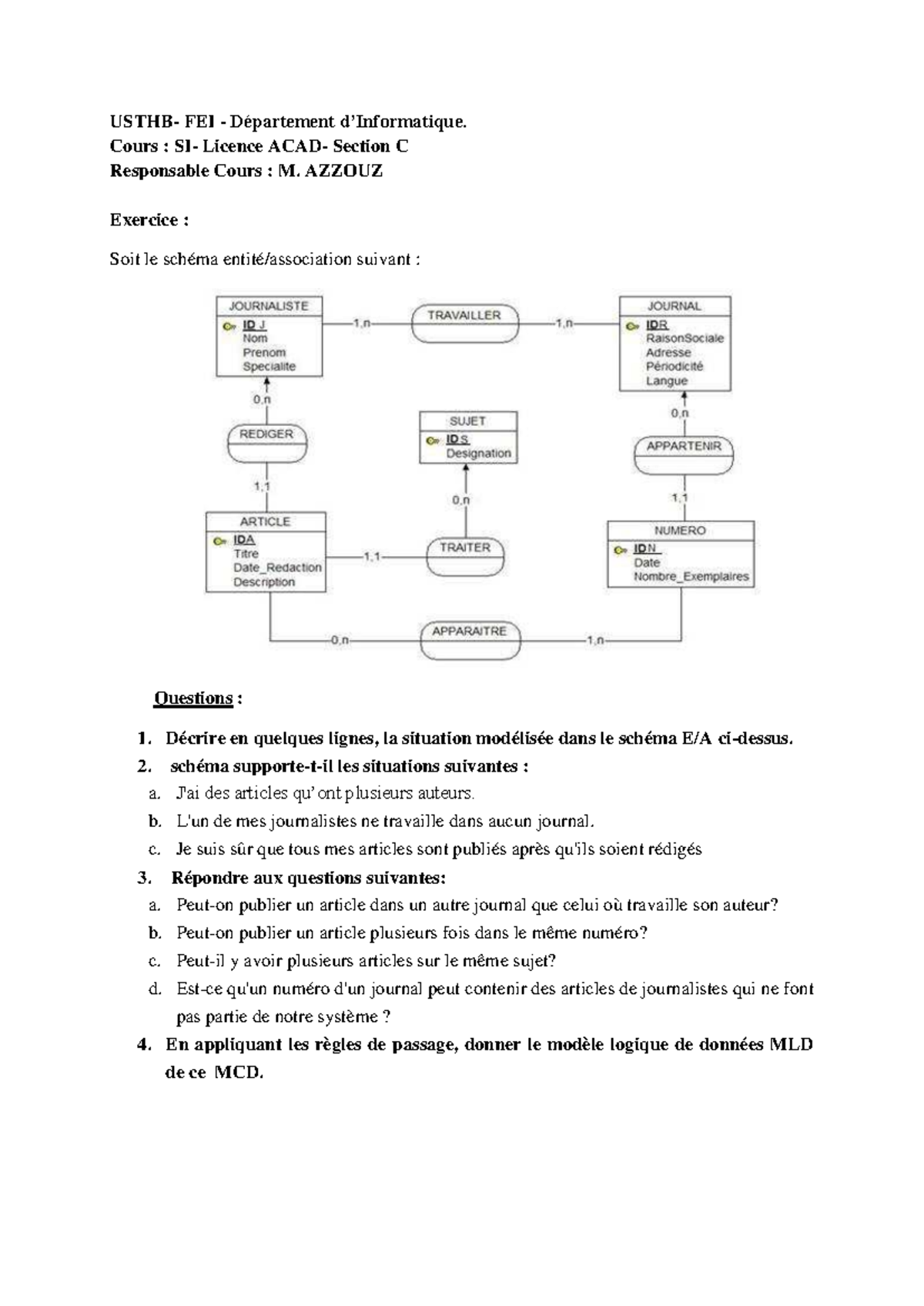 Exercice modélisation - USTHB- FEI - Département d’Informatique. Cours ...