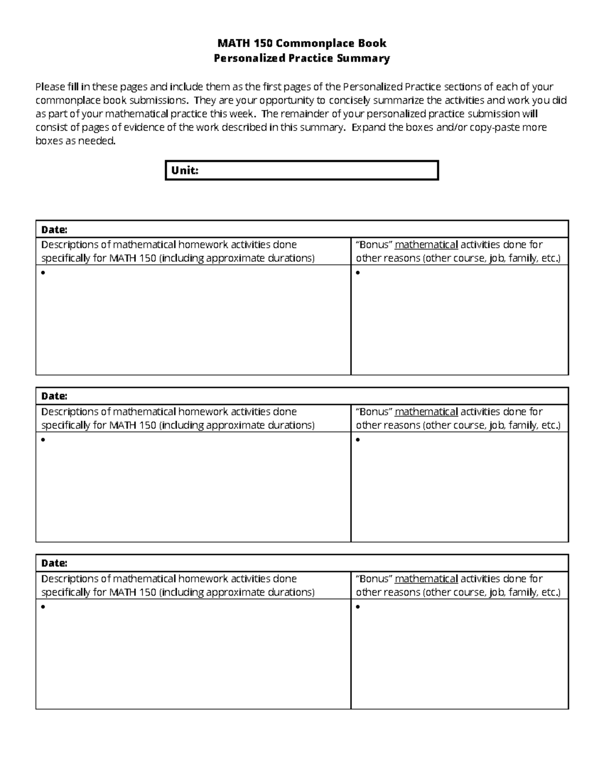 MATH 150 Personalized Practice Summary Template - MATH 150 Commonplace Book Personalized ...