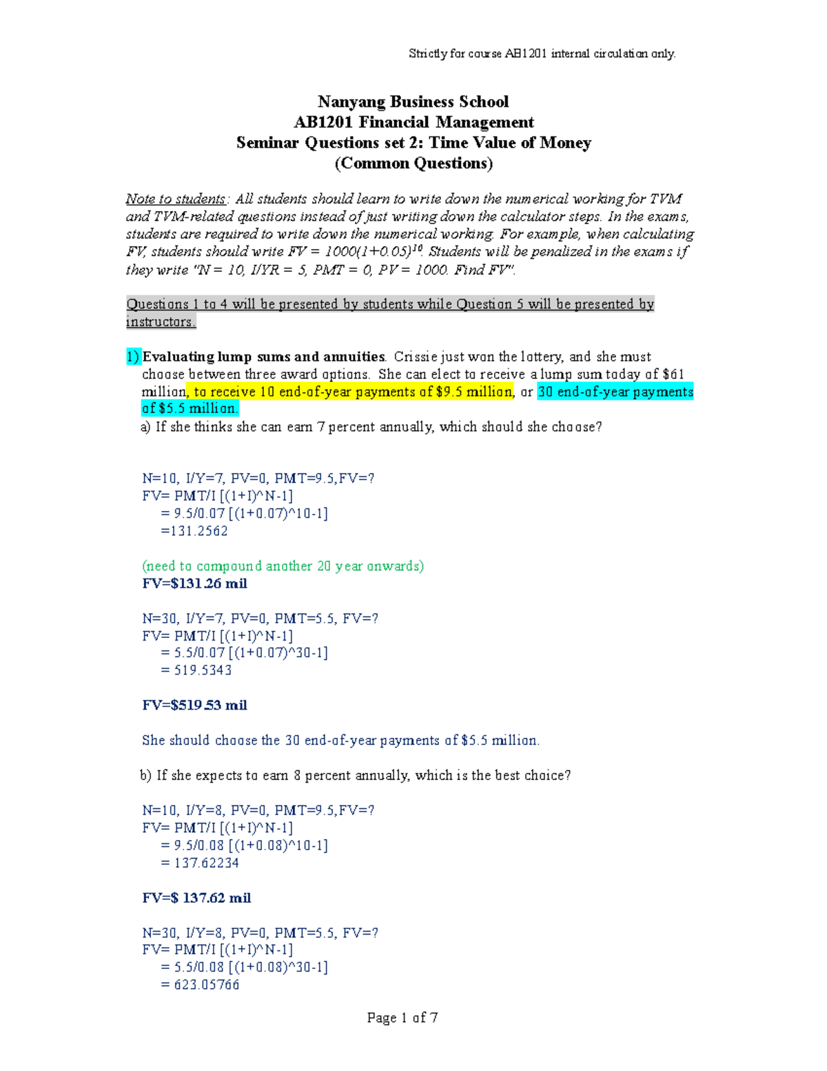 Sem 1 Week 2 Tut - Nil - Nanyang Business School AB1201 Financial ...