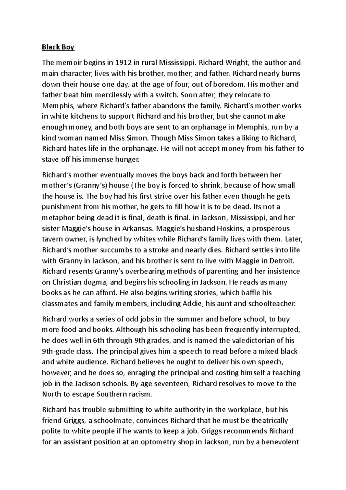 Black Boy Notes - Black Boy The memoir begins in 1912 in rural ...