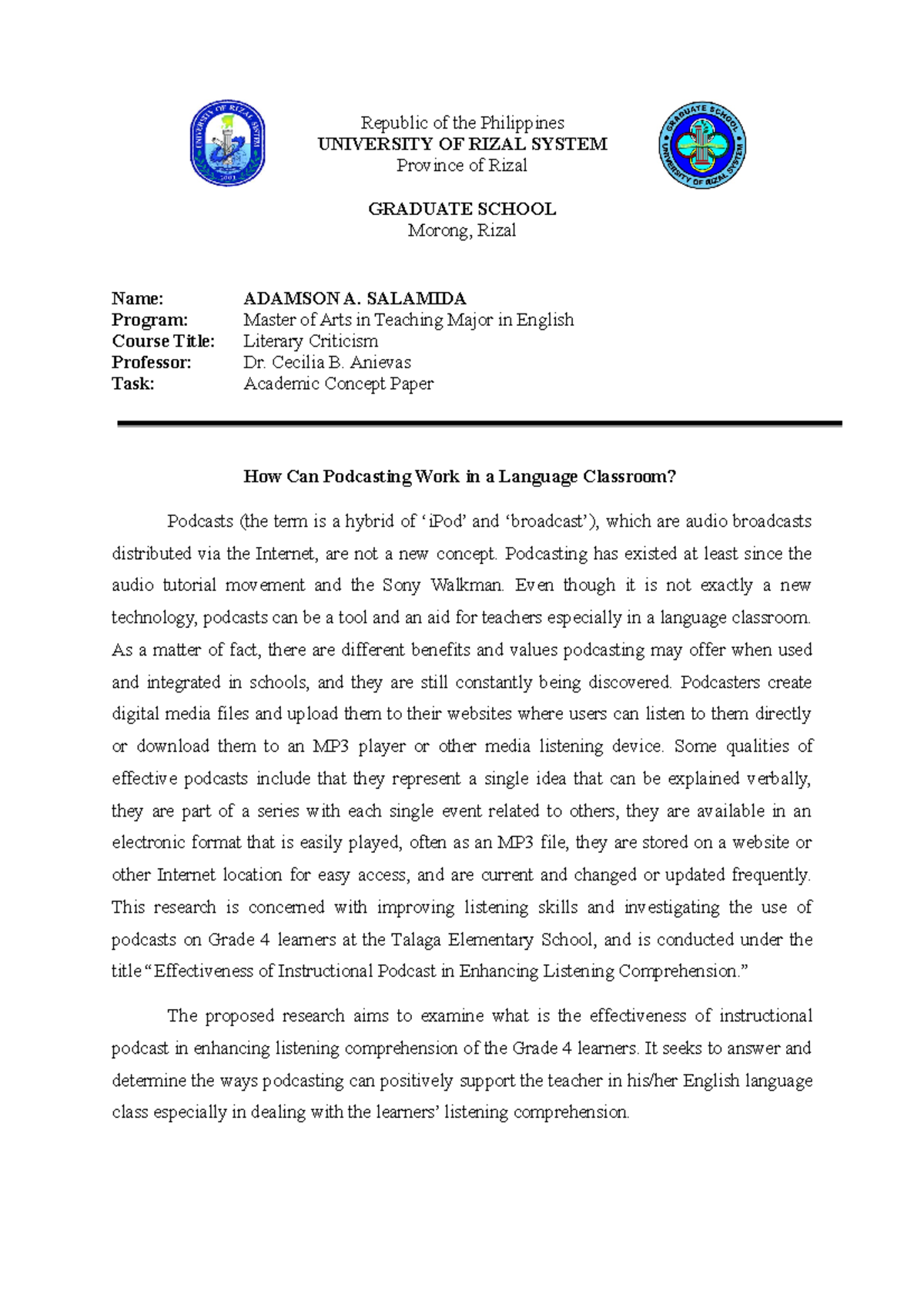 Academic Concept Paper - Republic of the Philippines UNIVERSITY OF ...