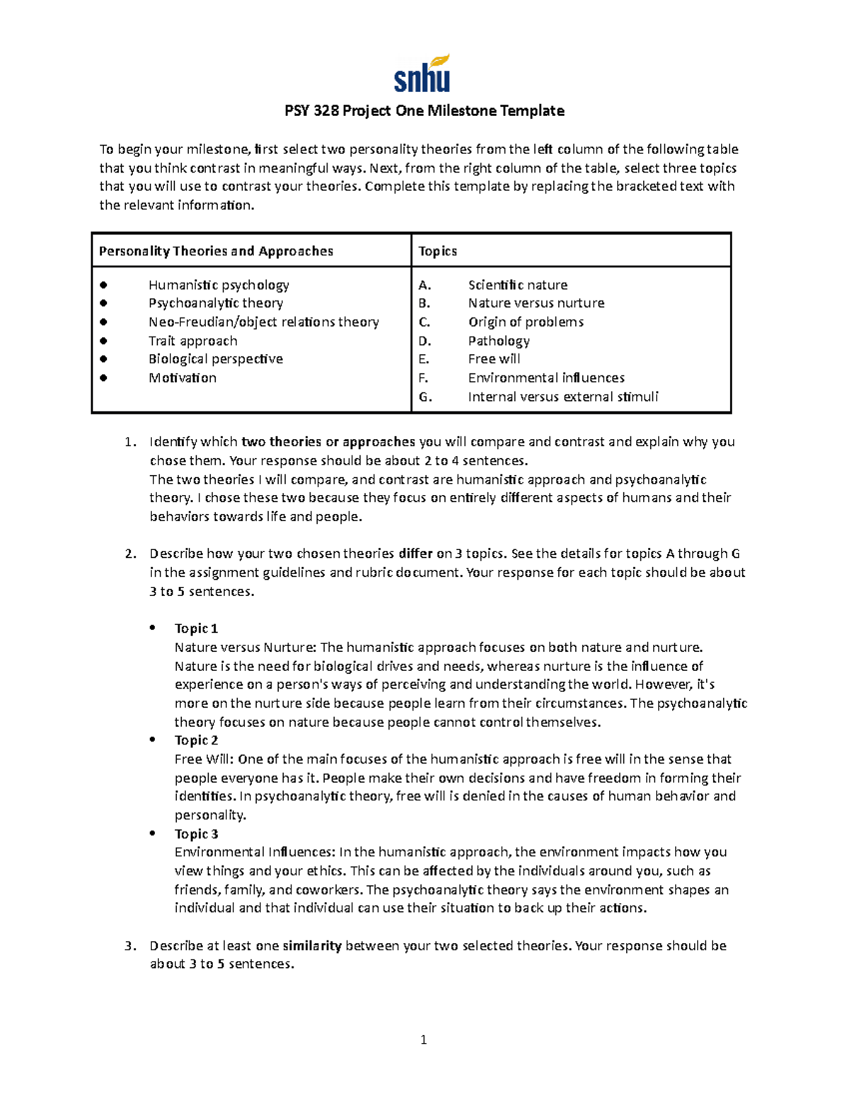 PSY 328 Project One Milestone Template - Next, from the right column of ...