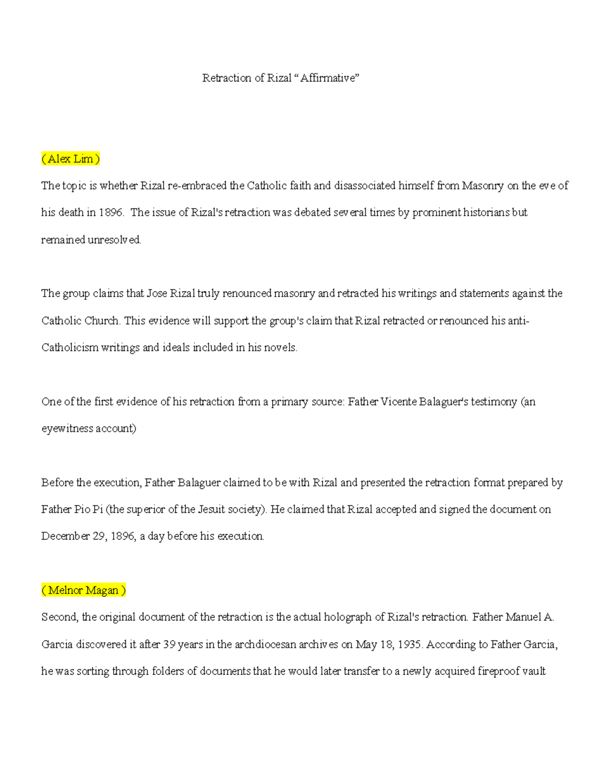 Retraction-of-Rizal-Affirmative Group-3A - Retraction of Rizal ...