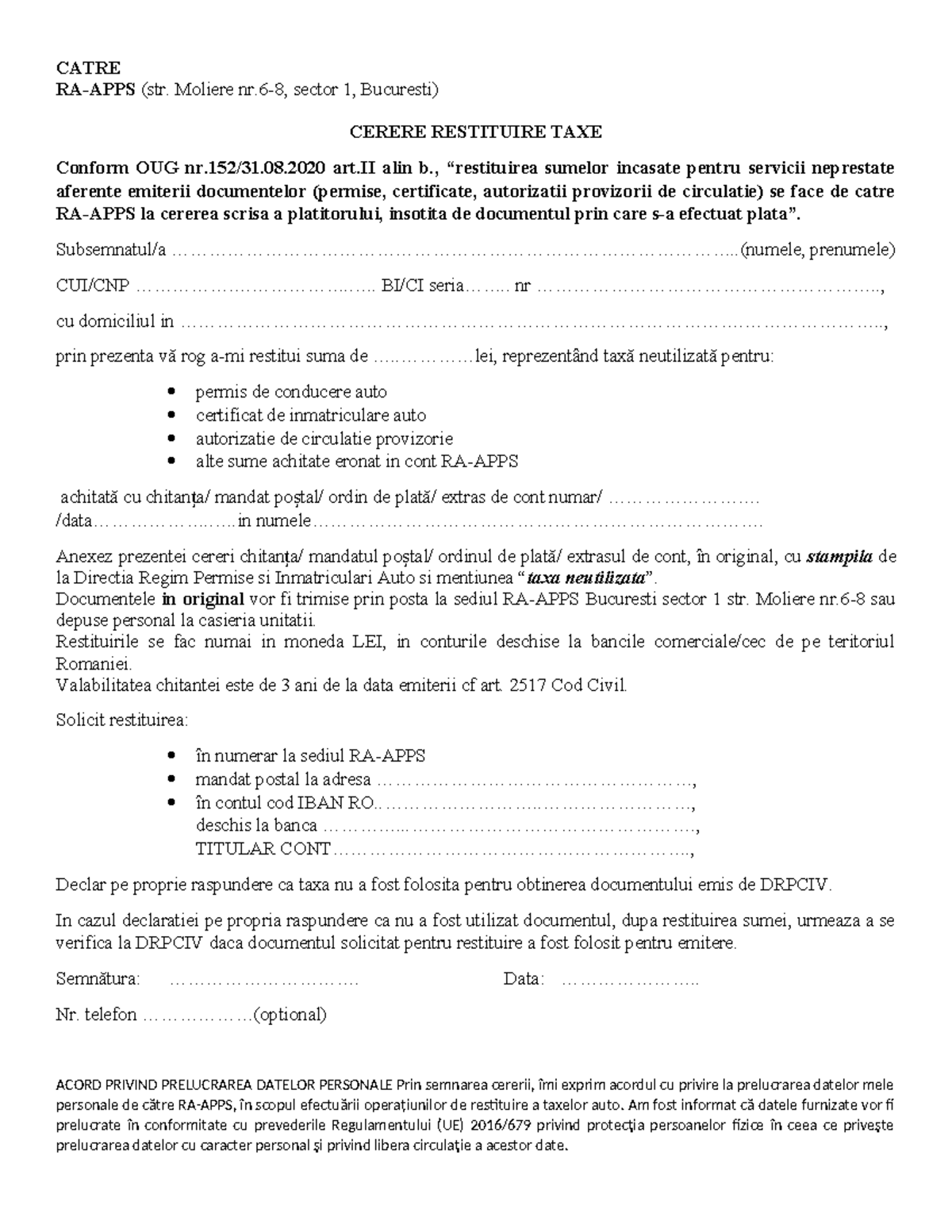 Cerere- Restituire-TAXE - CATRE RA-APPS (str. Moliere nr-8, sector 1 ...